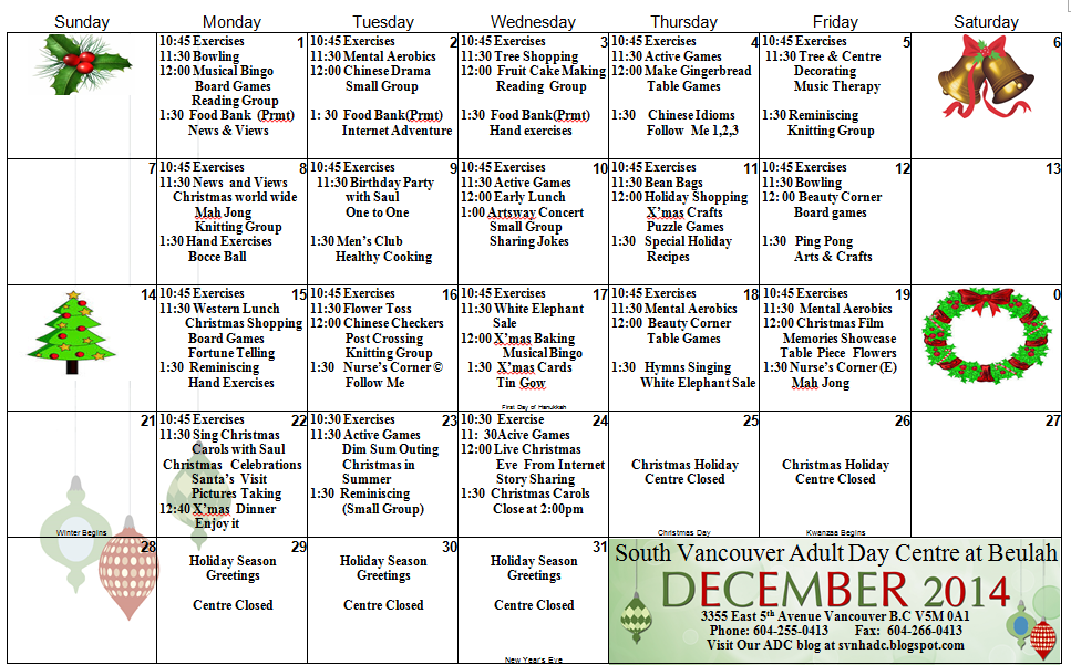 South Vancouver and Beulah Adult Day Programs: December Calendars for ...