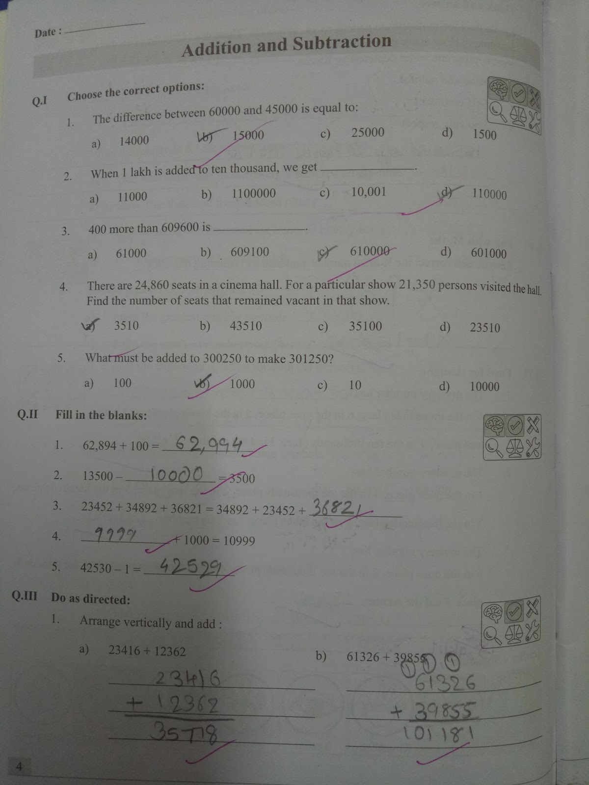PIS VADODARA STD 4: Grade 4 Math ch-2 Addition and Subtraction Workbook