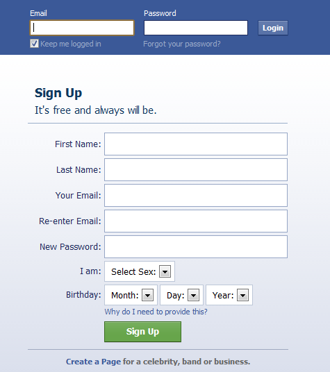 Facebook sign up form