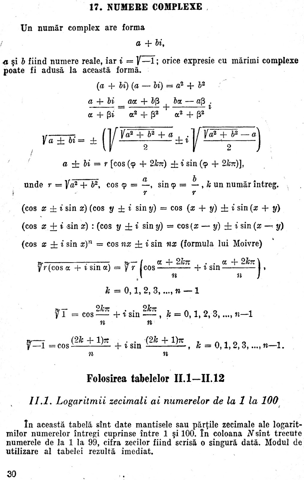 tabele matematice uzuale online: Algebră, numere complexe