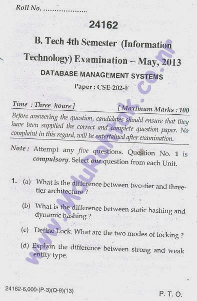 Database Management System Dbms May 2013 B Tech 4th Semester Question Paper ~ Mdu Btech