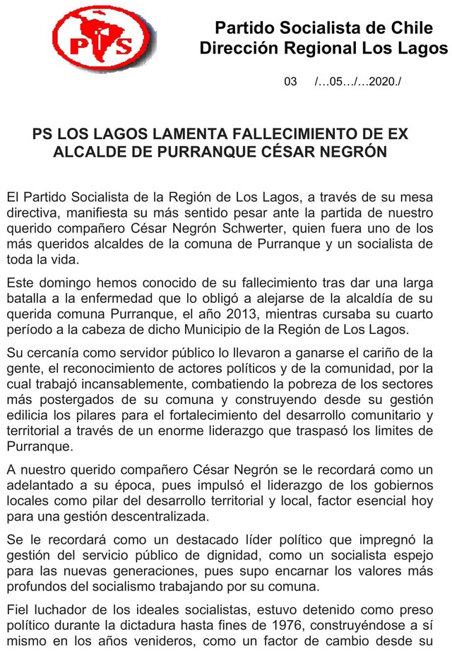 PS Los Lagos lamenta fallecimiento de César Negrón - PL Prensa