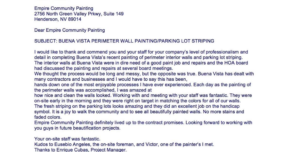 EmpireWorks Reviews and Resources: Buena Vista HOA Reference Letter