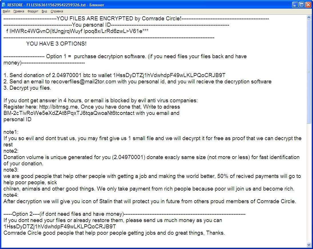 Шифровальщики-вымогатели The Digest "Crypto-Ransomware": Comrade Circle
