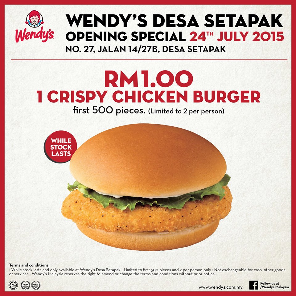 BestLah: Wendy's - Enjoy Crispy Chicken Burger For RM1 Only (24 July)