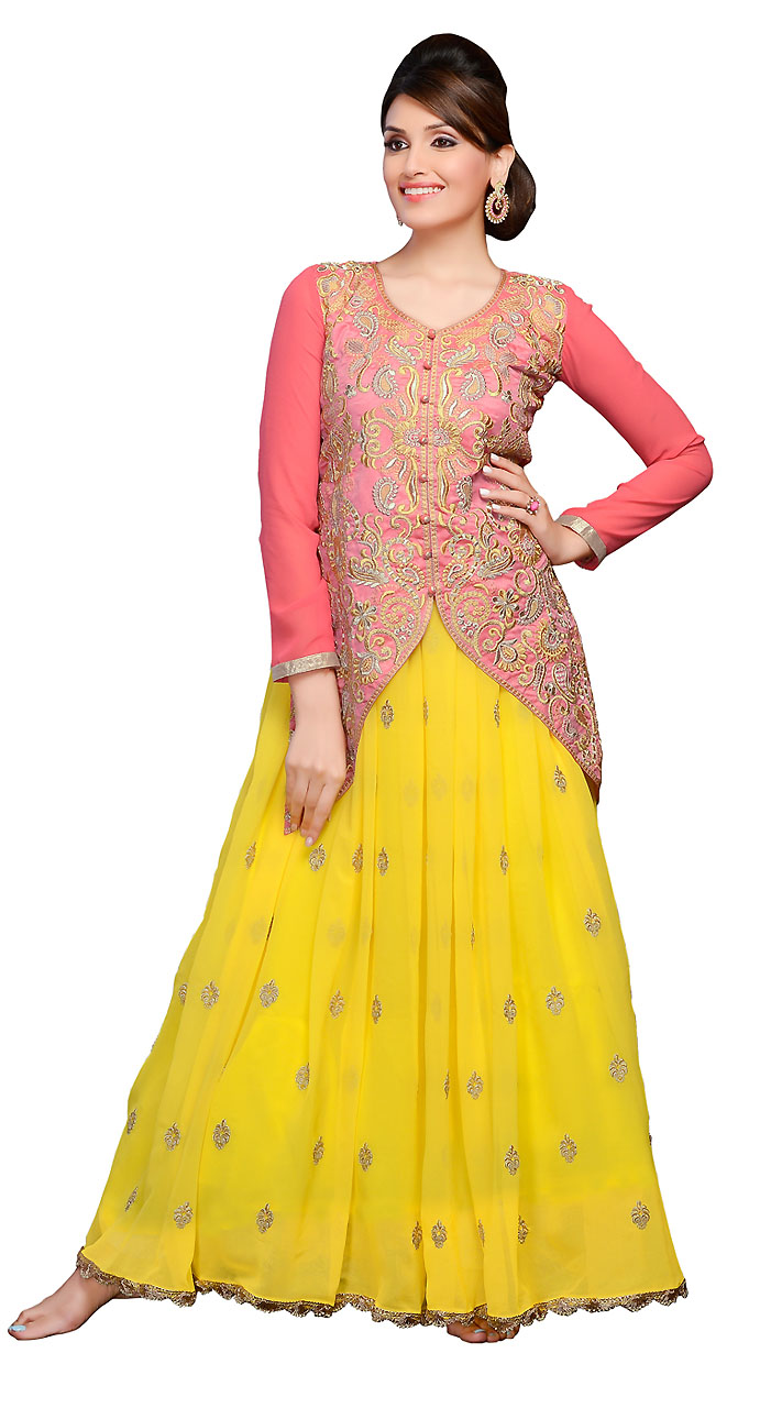 PINK AND YELLOW JACKET STYLE LEHENGA DRESS
