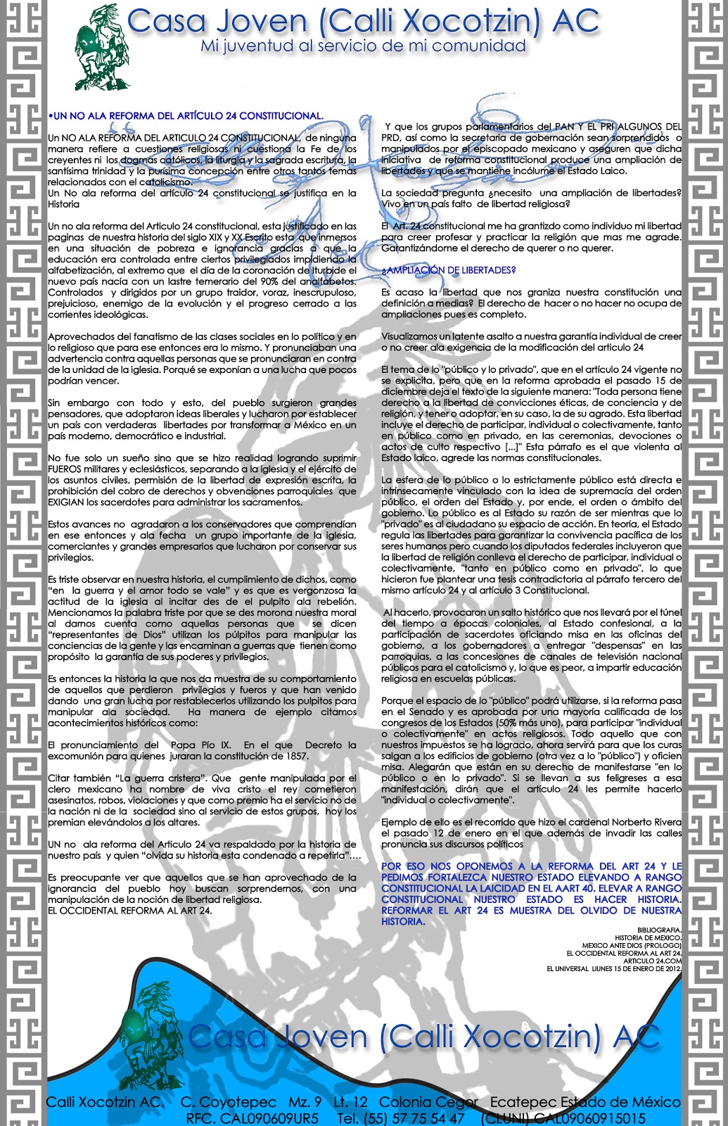 abisora: Un "NO A LA REFORMA DEL ARTÍCULO 24 CONSTITUCIONAL