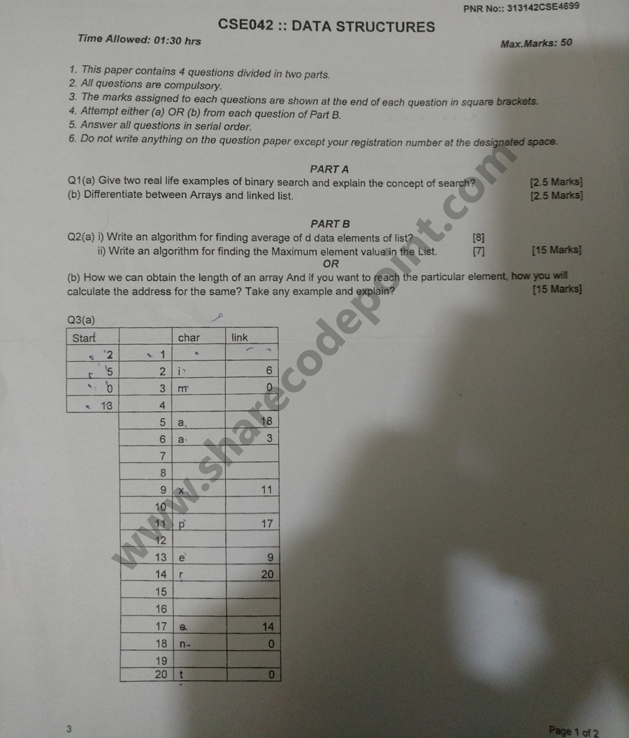 Cse042 Data Structures Mid Term Exam Question Paper Lpu