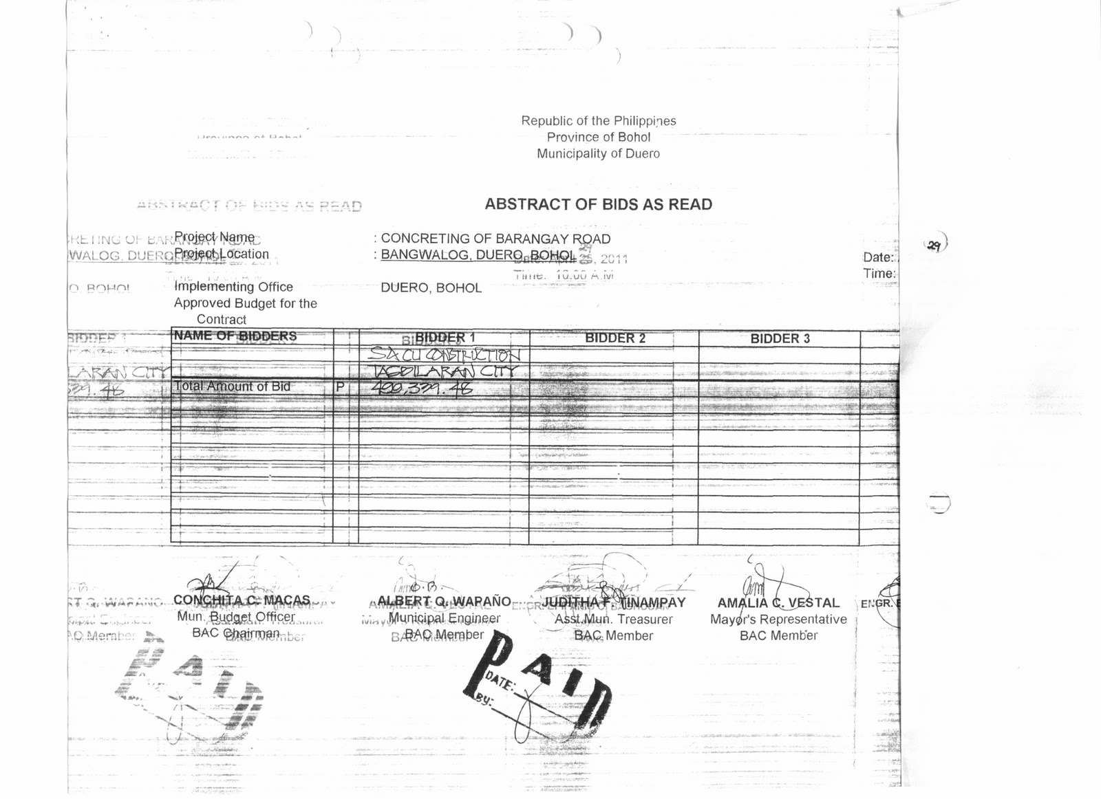 The Municipality of Duero, Bohol: * Abstract of Bids as Read