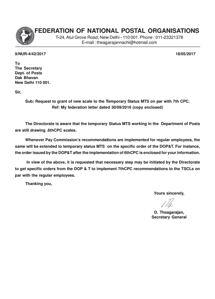 Request to grant 7th CPC scale to the Temporary Status MTS﻿ ﻿: FNPO ...