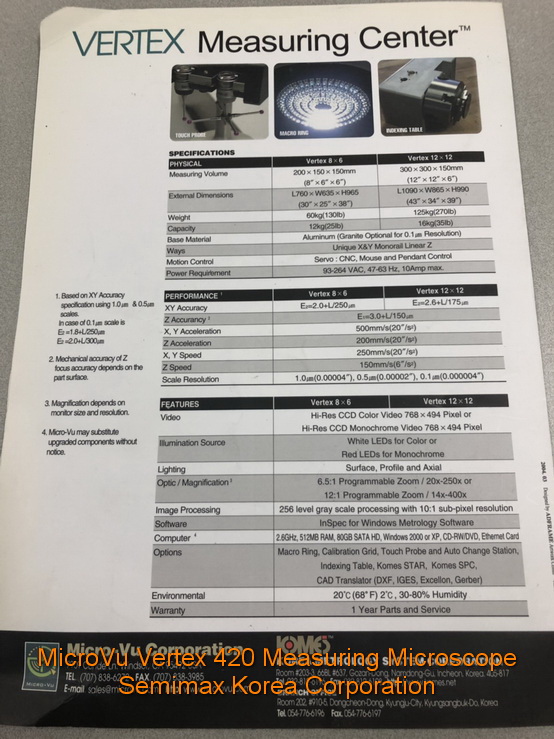 Semiconductor Equipment: Micro-VU Vertex 420 Measuring Microscope for sales