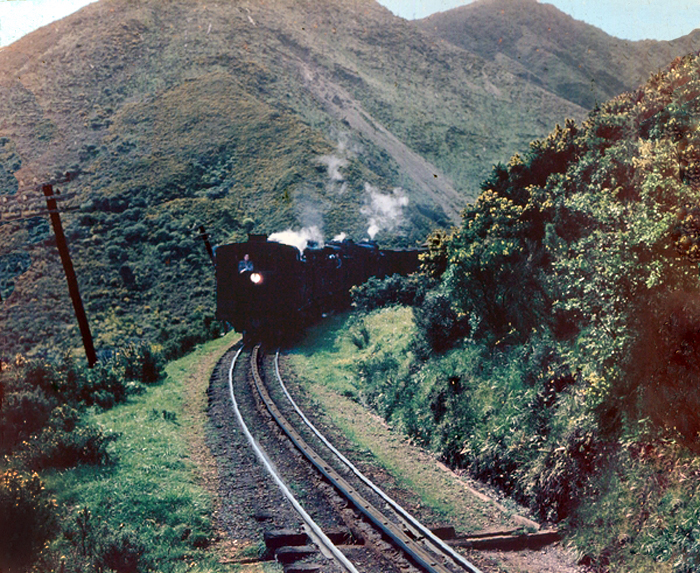transpress nz: Fell locomotives descend the Rimutaka Incline, October 1955