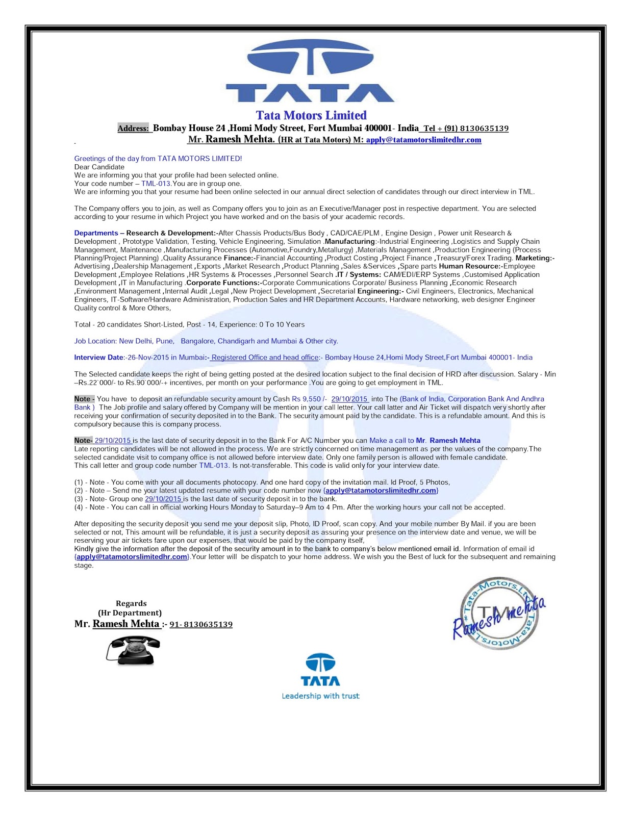 CALL LETTER: Blog post by Mr Ramesh Mehta (HR at Tata Motor Limited ...