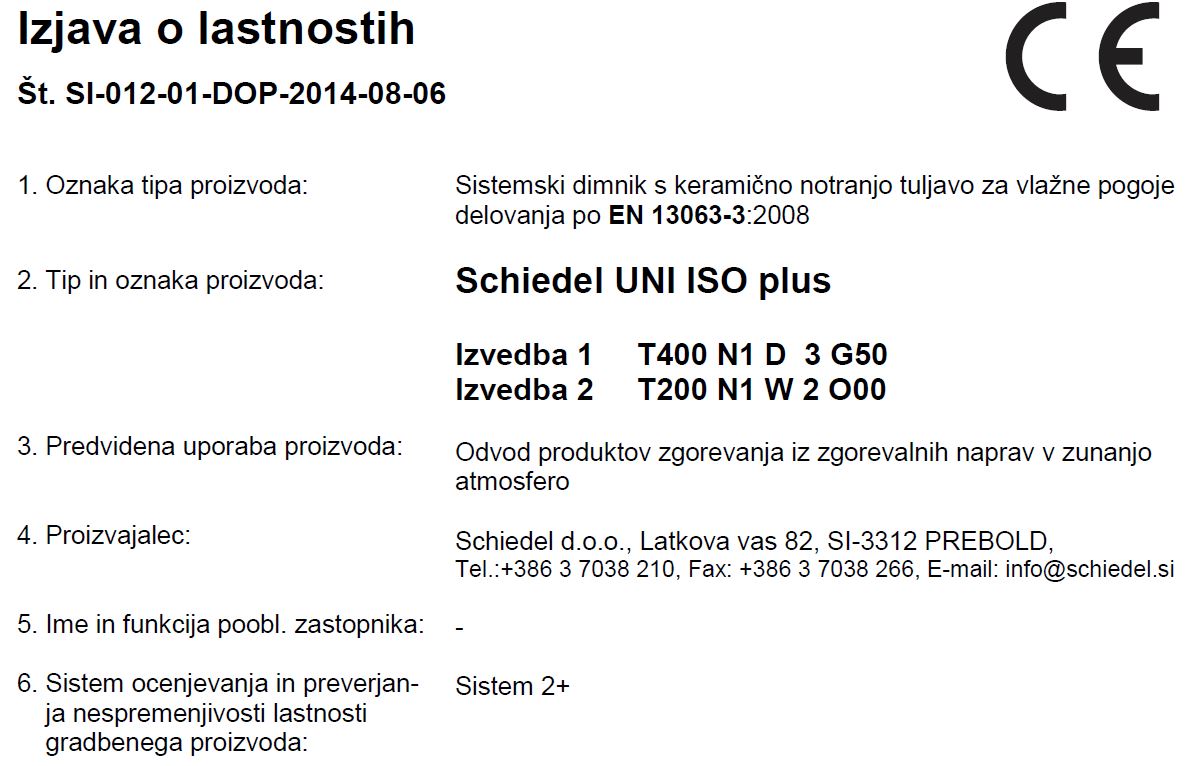 Izjava o skladnosti ali lastnostih dimnika