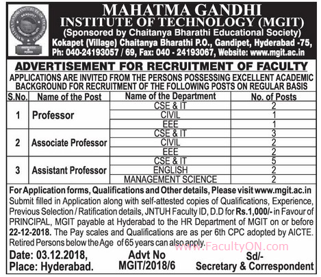 Mahatma Gandhi Institute of Technology, Hyderabad, Wanted Teaching ...