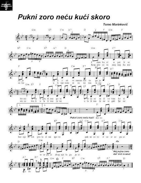 NOTE | DOMACE I STRANE: PUKNI ZORO NEĆU KUĆI SKORO NOTE AKORDI TEKST