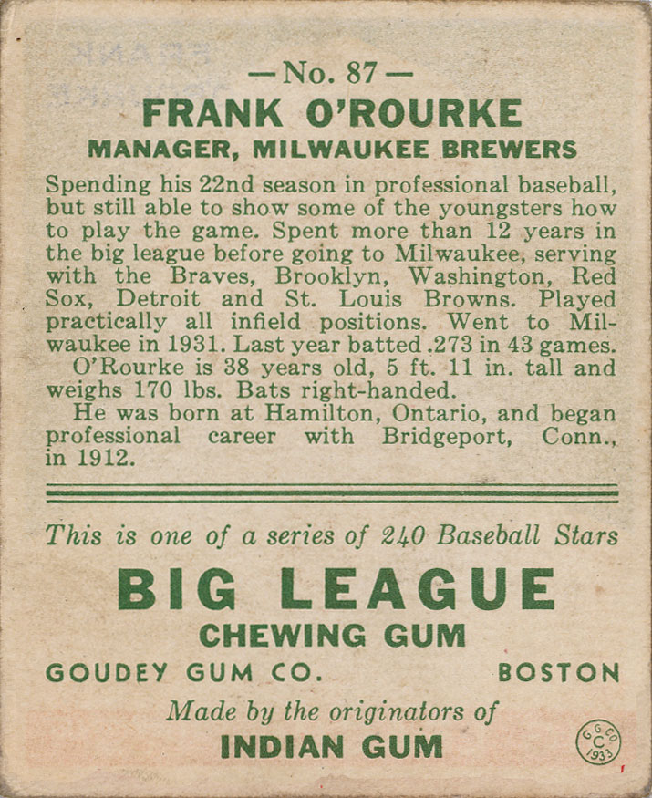 Borchert Field: 1933 Goudey Card - Frank O'Rourke