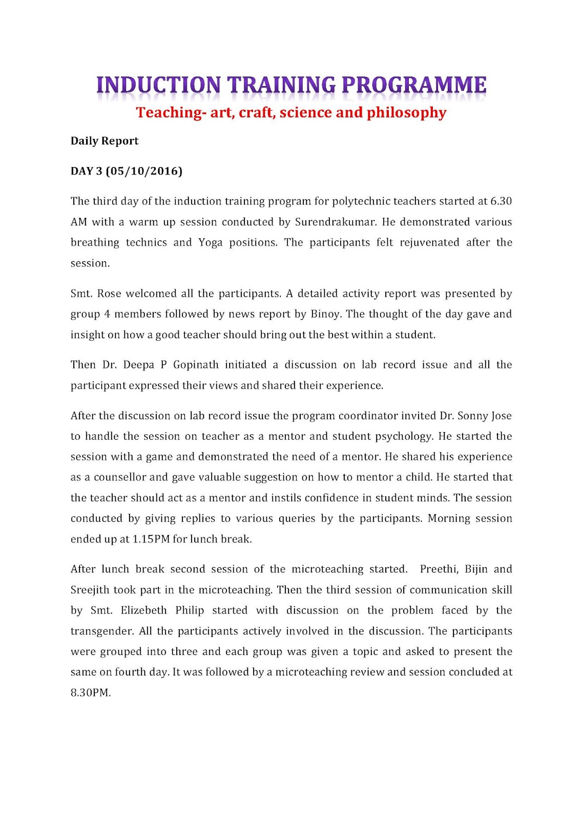 PolyTechNow: INDUCTION TRAINING PROGRAMME Teaching- art, craft, science ...