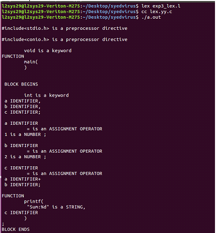 IMPLEMENTATION OF A LEXICAL ANALYZER USING LEX (WITH OUTPUT)
