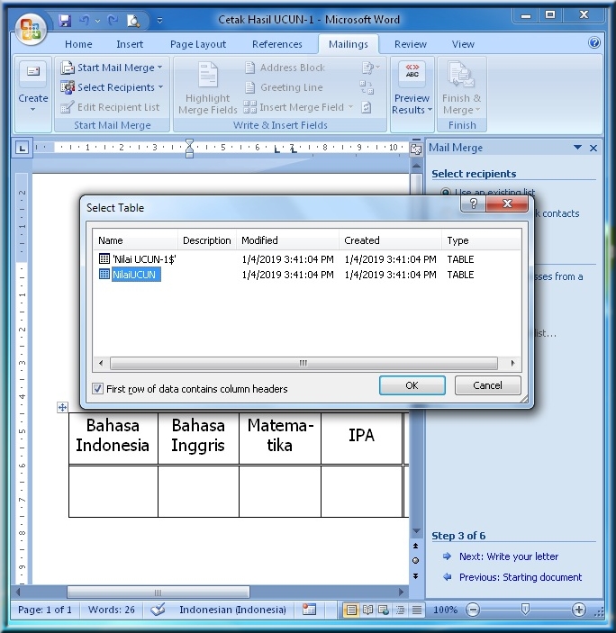 Cara mudah membuat Mail Merge Word dan Excel