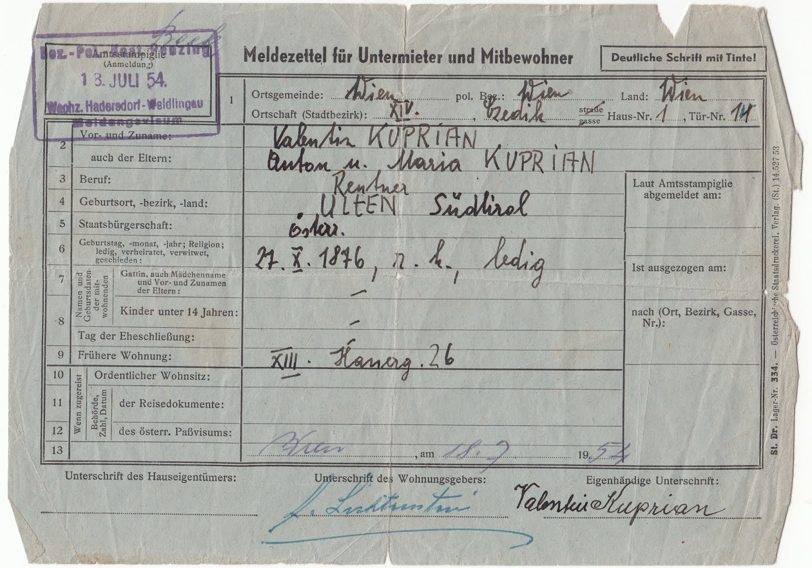 Valentin Kuprian (= unehelicher Vater meiner Mutter) Meldezettel