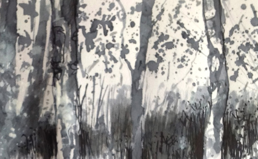 Edge of the woods, drawing with ink and twigs and a little pen