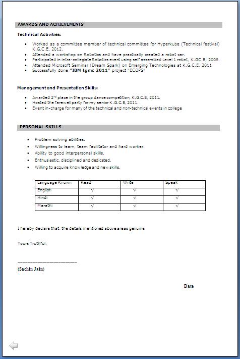 B.Tech Final Year Resume