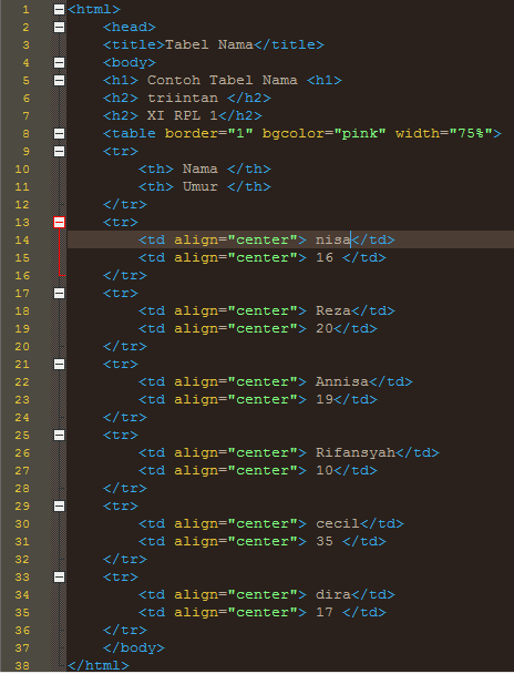kodingan tabel dan tabel spanning di html