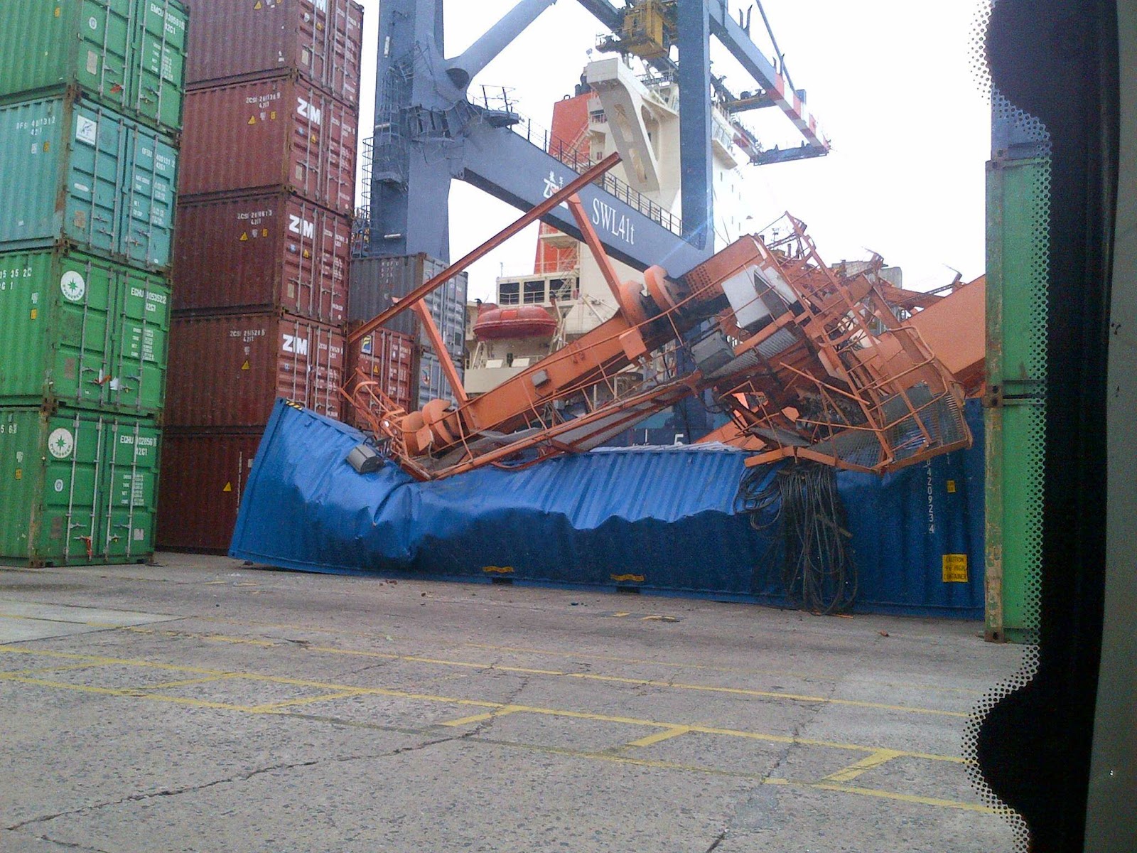Container Crane Collapsed Over Vessel