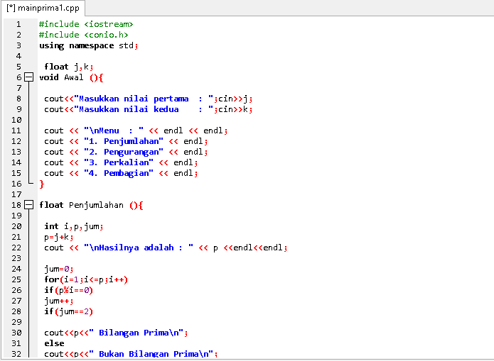 Codingan C++ Menentukan Bilangan Prima dengan Menu Penjumlahan, Pengurangan, Perkalian dan ...