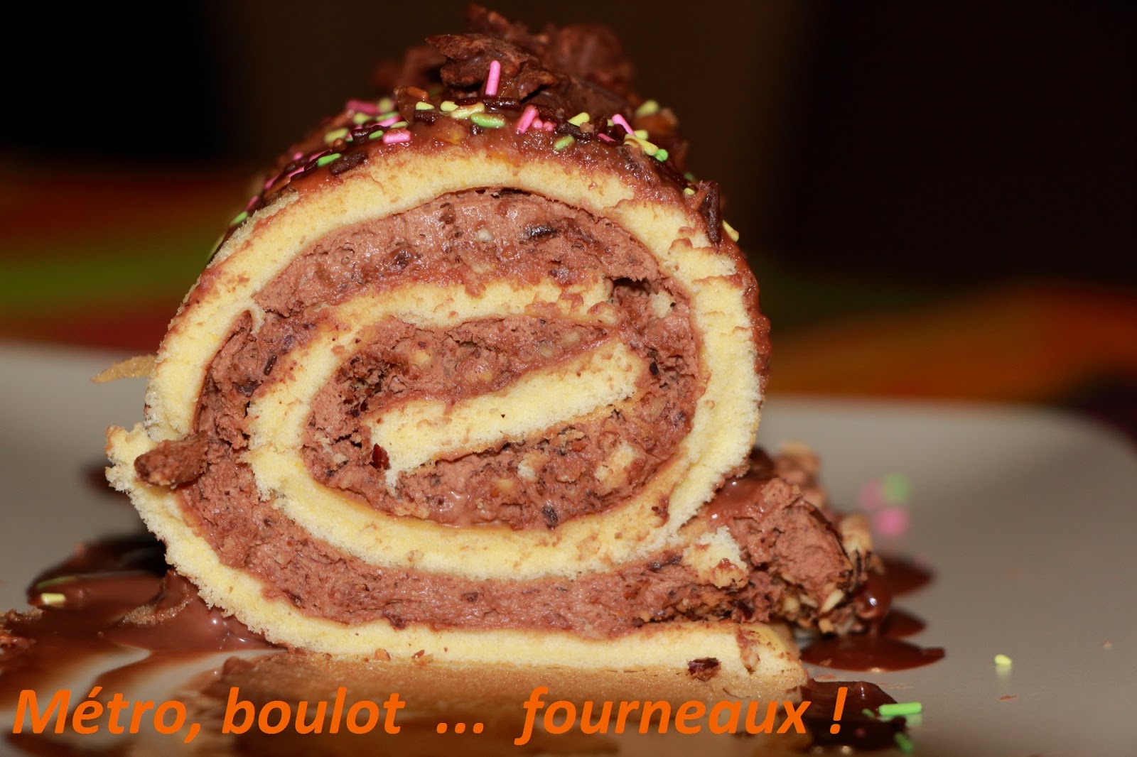 Bûche pâtissière chocolat-noisettes-orange