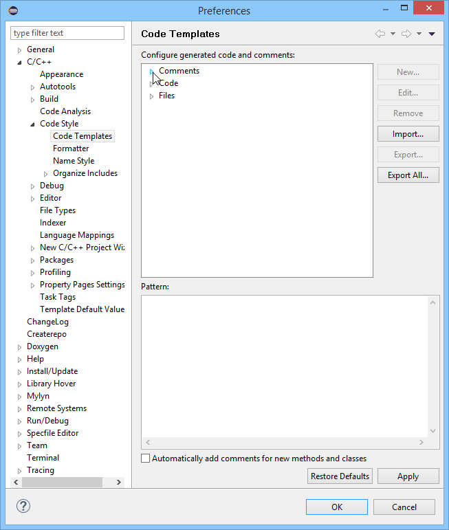 embedded: Datei-Templates in Eclipse anpassen für Doxygen