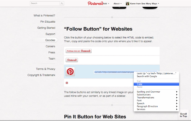 Sew Many Ways...: How To Add A Follow Me Pinterest Button...