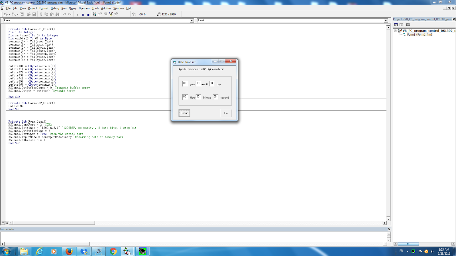 AT89S52 & RS232 Visual Basic control DS1302 simulated in Proteus