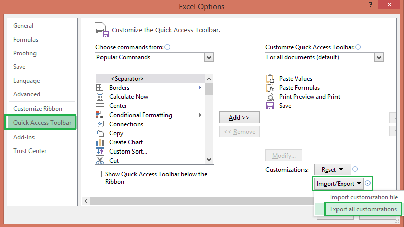 How to Export or Import your customized QAT or Ribbons in Excel 2013