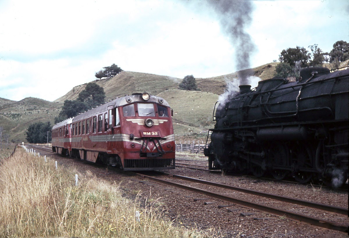 transpress nz: trains cross at Fordell, 1960s