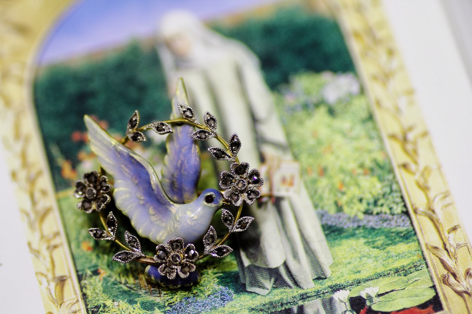 Bright days ahead: Enamel & diamond dove brooch