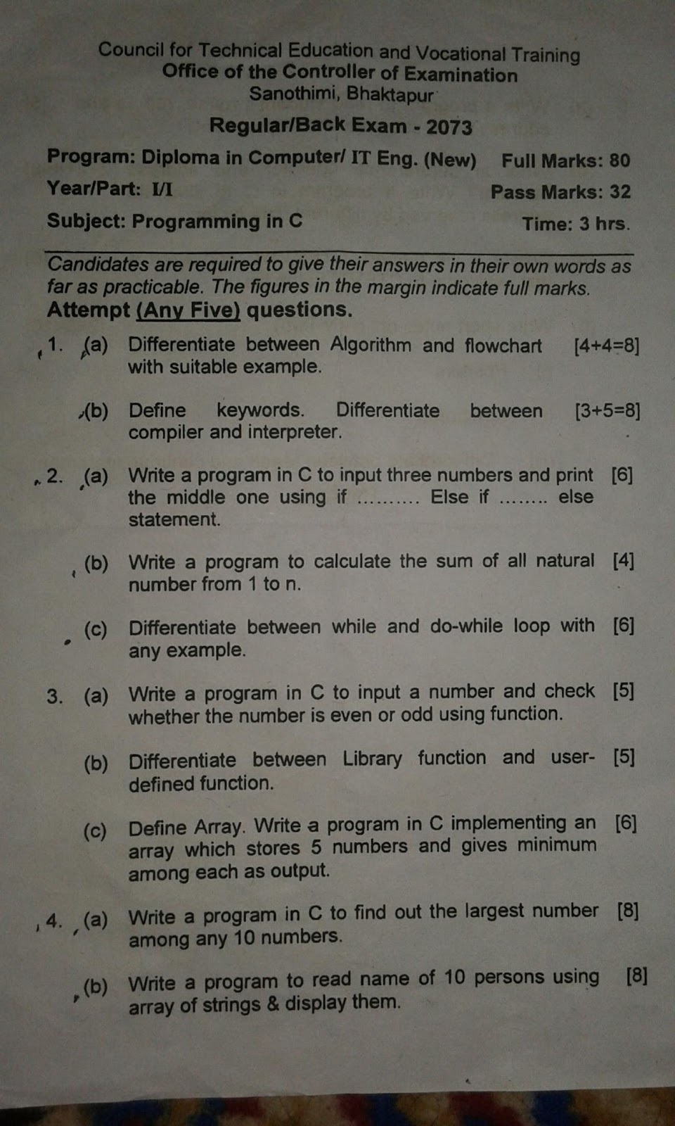 Ctevt Programming In C Question Paper 2073 Diploma