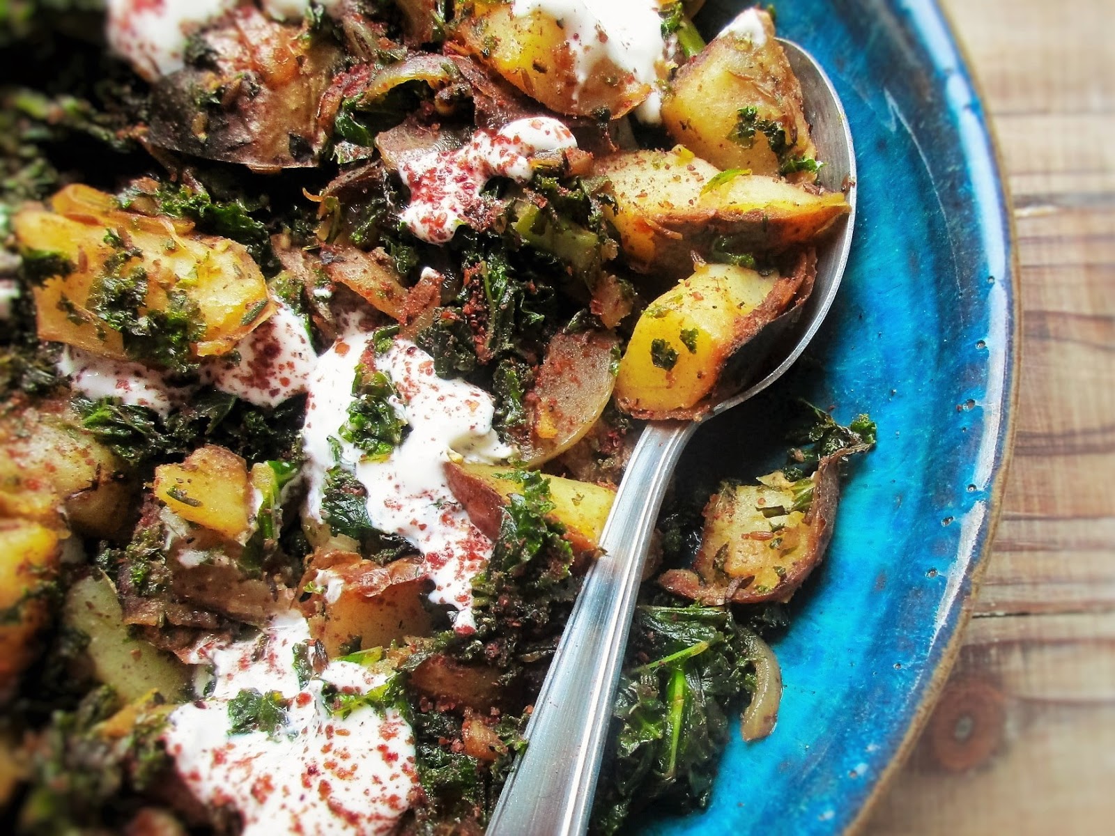 kale and potato hash with sumac, thyme and cumin