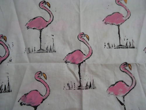 HippyDeep: Linocut fabric printing flamingos
