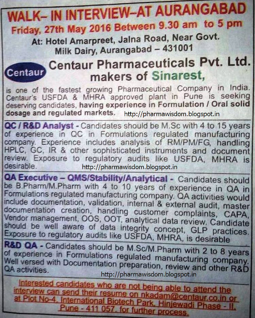 Walk-In Interviews @ Centaur Pharmaceuticals Pvt. Ltd. on 27/05/2016 ...