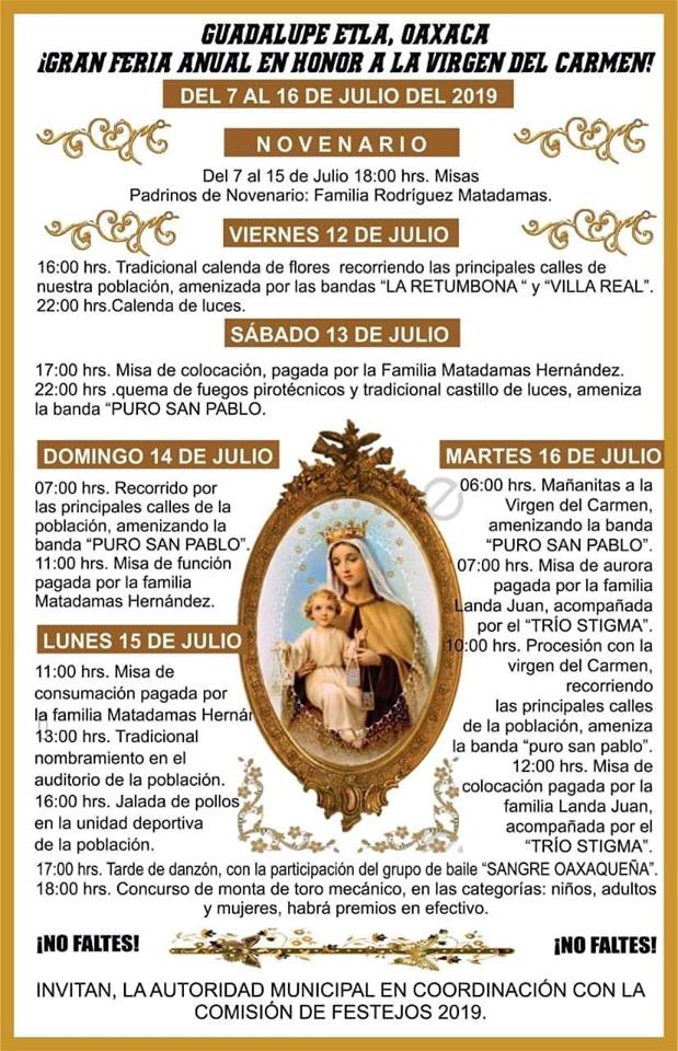 Programa de la Fiesta 2019 a la Virgen del Carmen en Guadalupe Etla, Oax - Vive Oaxaca