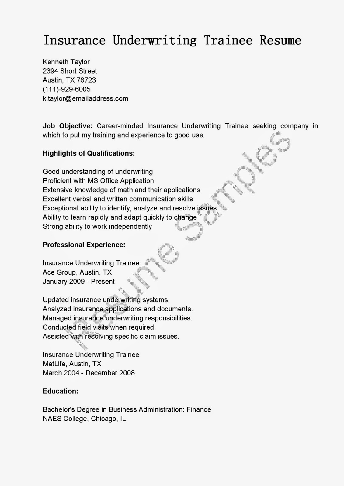 Resume Samples: Insurance Underwriting Trainee Resume Sample