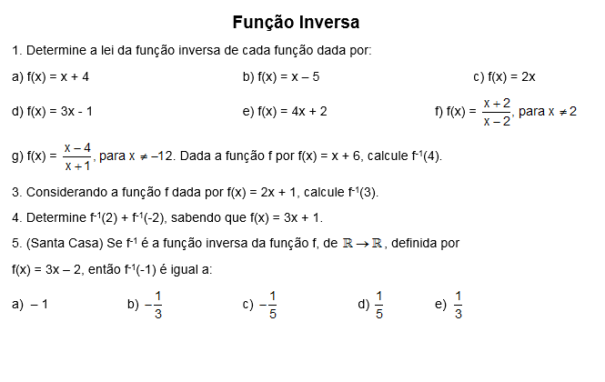 Lição de casa: Funções - Inversa