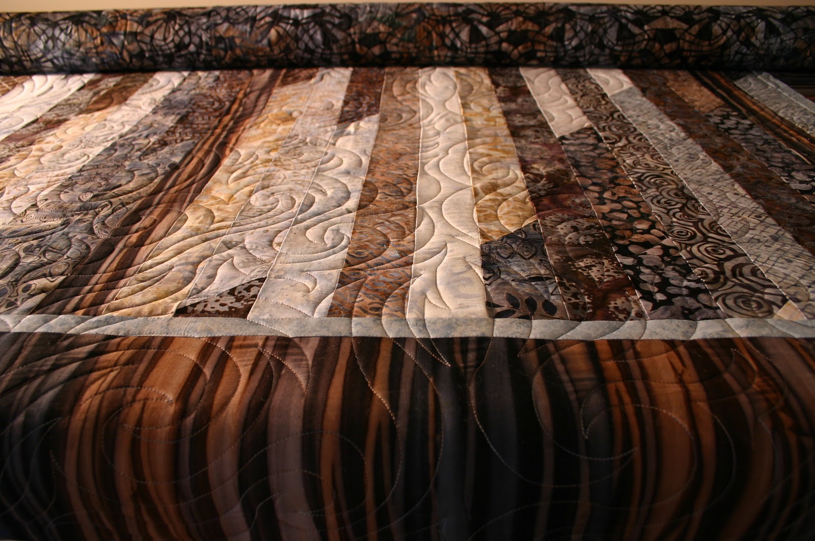 Three Bears Quilting: Kathleen's Brown Batik Strip Quilt is finished!