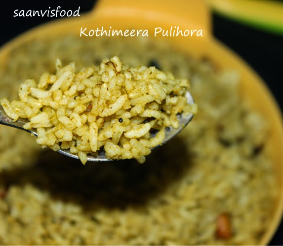 Saanvis food: Kothimeera Pulihora/Coriander Leaves Tamarind Rice