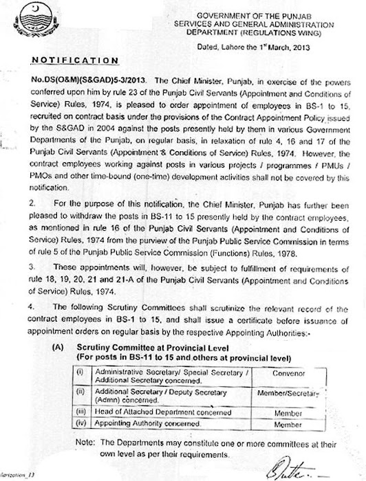 Notification of Regularization of BPS-16 & and above in Punjab August ...