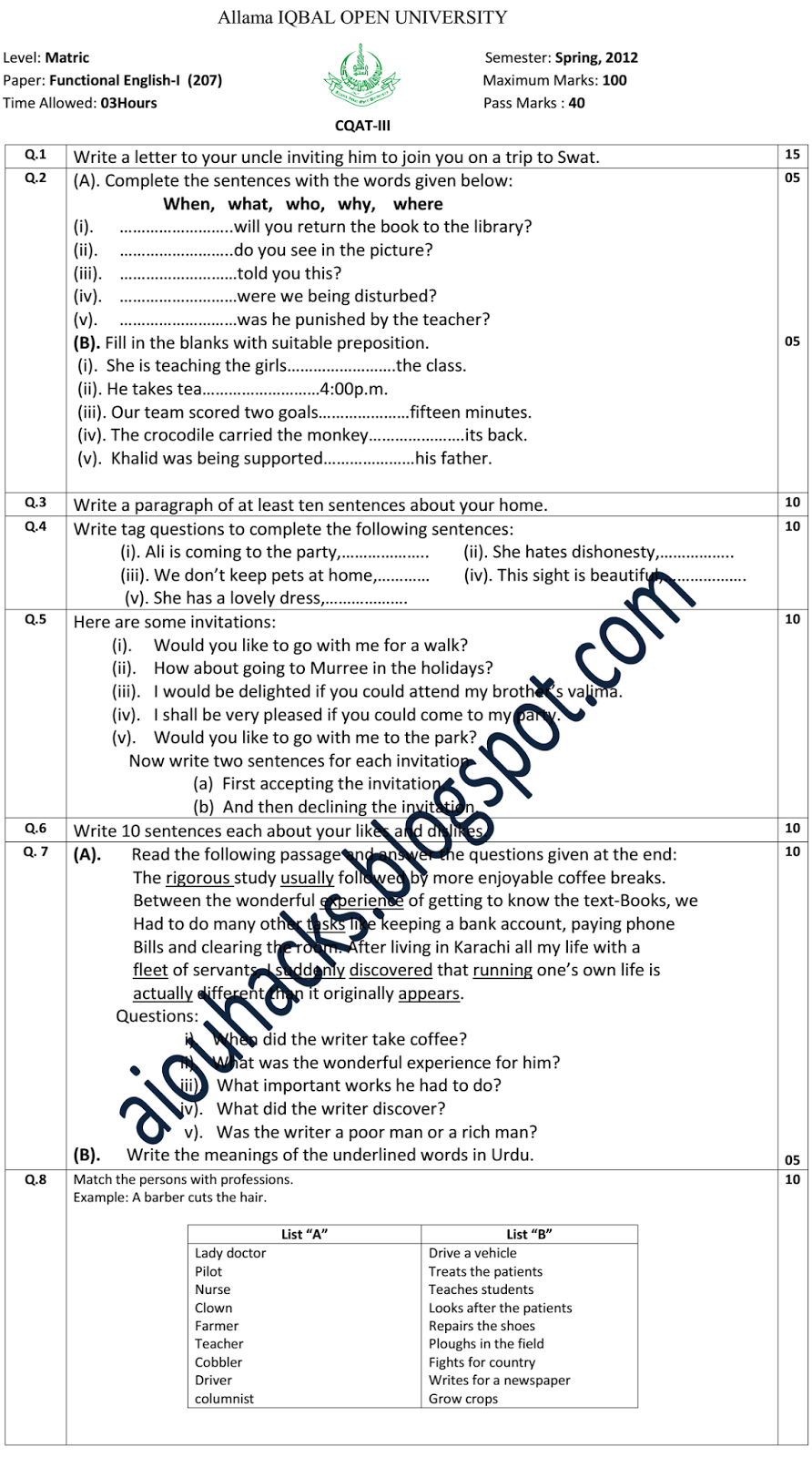 Matric English-I 207 Past Papers