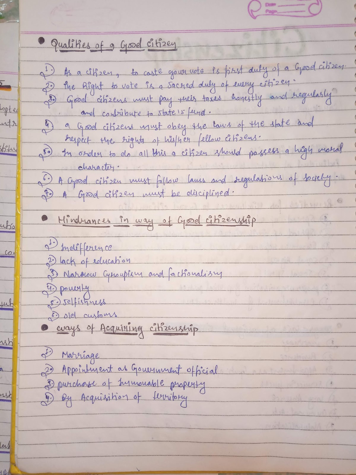 Handwritten Notes of CITIZENSHIP - Political Science - Class 11th ...