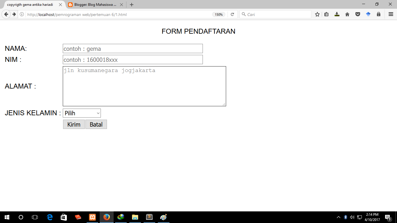 Pemrograman Web (validasi nama, nim, alamat, dan jenis kelamin menggunakan javascript)